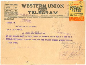 Telegram from James Bond to W. E. B. Du Bois - Digital Commonwealth
