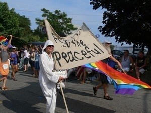 Parade marchers carrying signs promoting peace : Provincetown Carnival ...