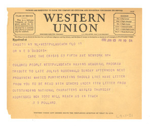 Telegram from T. T. Pollard to W. E. B. Du Bois - Digital Commonwealth