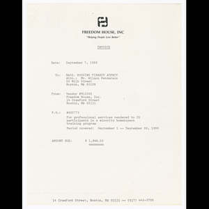 Invoice from Freedom House to Massachusetts Housing Finance Agency for ...
