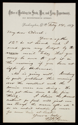 Bernard R. Green to Thomas Lincoln Casey, February 14, 1887 - Digital ...