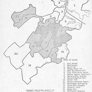 Map of Hispanic population density in Boston city wards, according to ...