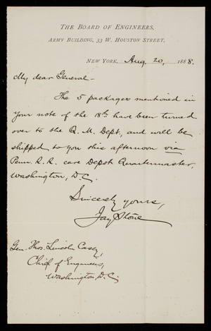 Jay Stone to Thomas Lincoln Casey, August 20, 1888 - Digital Commonwealth