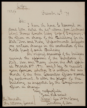 [George] W. McCrary to Thomas Lincoln Casey, December 4, 1879, copy ...