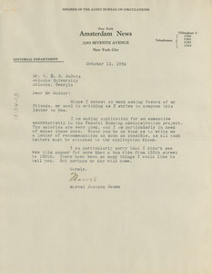 Letter from Marvel Jackson Cooke to W. E. B. Du Bois - Digital Commonwealth