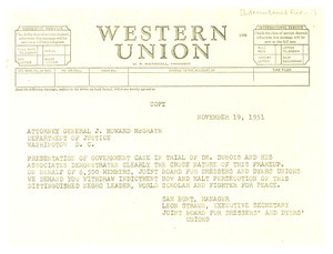 Telegram from Joint Board Fur Dressers' and Dyers' Unions to J. Howard ...