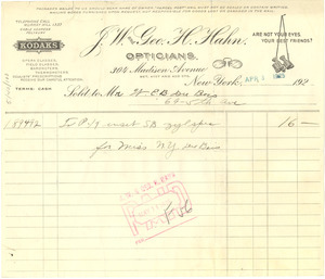 Receipt from J. W. & Geo. H. Hahn, Opticians - Digital Commonwealth