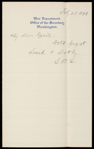 [Stephen] [Benton] Elkins, Secretary of War to Thomas Lincoln Casey ...