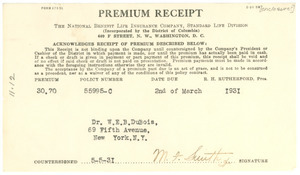 Premium receipt from National Benefit Life Insurance Company - Digital ...