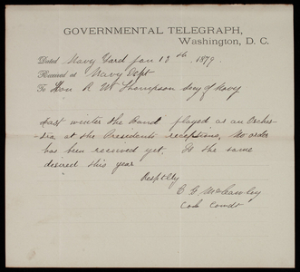 C. G. McCawley to R. W. Thompson, January 13, 1879, telegram - Digital ...