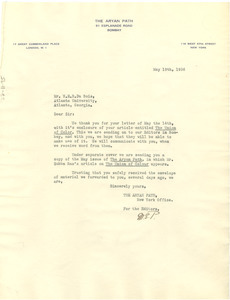 Letter from The Aryan Path to W. E. B. Du Bois - Digital Commonwealth