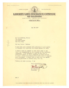 Letter from Liberty Life Insurance Company of Illinois to W. E. B. Du ...