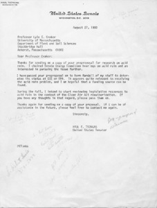 Letter to Lyle Craker from Paul Tsongas concerning a proposal on ...