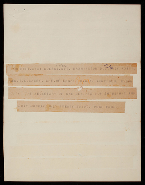 Secretary of War to Thomas Lincoln Casey, July 21, 1888, telegram ...