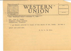 Telegram from W. E. B. Du Bois to Mrs. John M. Gandy - Digital Commonwealth