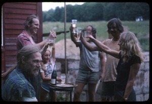 Proposing a toast, Montague Farm Commune : Left to right: Unidentified ...