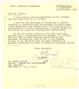 Letter from J. D. Bernal to Masses & Mainstream - Digital Commonwealth