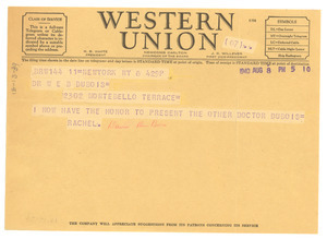 Telegram from Rachel Davis DuBois to W. E. B. Du Bois - Digital ...