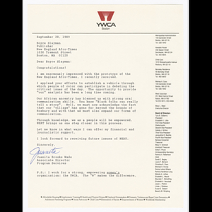 Letter from Juanita Brooks Wade to Boyce Slayman about New England Afro ...