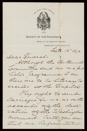 Asa Bird Gardiner to Thomas Lincoln Casey, September 13, 1893 (1 ...