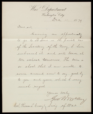 [George] W. McCrary to Thomas Lincoln Casey, December 11, 1879 ...
