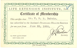 Life Extension Institute certificate of membership - Digital Commonwealth