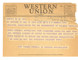 Telegram from Council on African Affairs to W. E. B. Du Bois - Digital ...