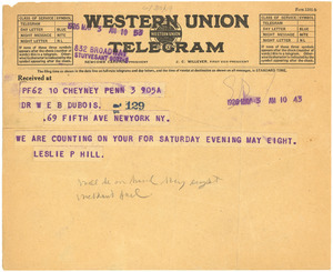 Telegram from Cheyney Training School for Teachers to W. E. B. Du Bois ...