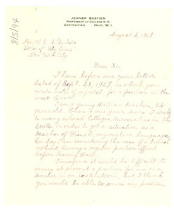 Letter from Jenner Bastien to W. E. B. Du Bois - Digital Commonwealth