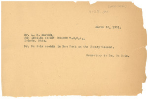 Telegram from unidentified correspondent to Toledo YMCA, Indiana Avenue ...