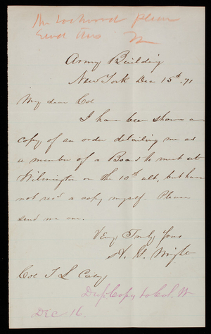 General Horatio G. Wright to Thomas Lincoln Casey, December 15, 1871 ...