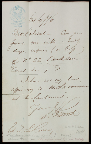 General [John G.] Barnard to Thomas Lincoln Casey, October 6, 1876 ...