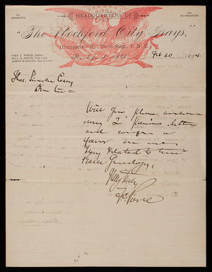 Fred Pierce to Thomas Lincoln Casey, February 20, 1884; Thomas Lincoln ...