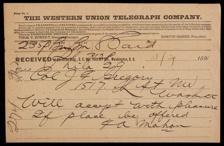 Frederick A. Mahan to Col. Gregory, May 29, 1891, telegram - Digital ...