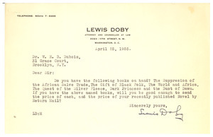 Letter from Lewis Doby to W. E. B. Du Bois - Digital Commonwealth