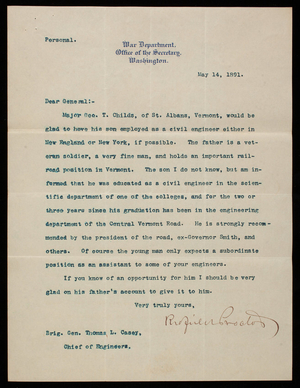 Redfield Proctor to Thomas Lincoln Casey, May 14, 1891 - Digital ...