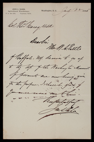 John A. Baker to Thomas Lincoln Casey, July 22, 1885 - Digital Commonwealth
