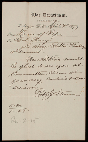 [Robert] J. Stevens to Thomas Lincoln Casey, April 9, 1879 - Digital ...