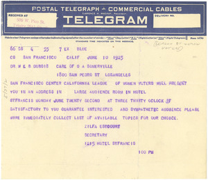 Telegram from League of Women Voters of San Francisco to W. E. B. Du ...