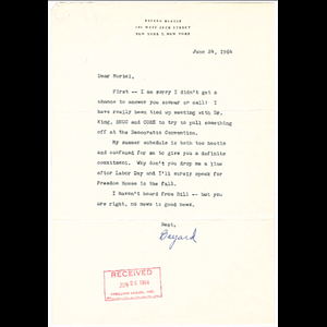 Letter from Bayard Rustin to Muriel Snowden about availabilty to visit ...