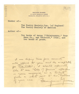 Letter from Benjamin Musser to Crisis - Digital Commonwealth