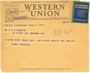 Telegram from Laura Wheeler Waring to W. E. B. Du Bois - Digital ...