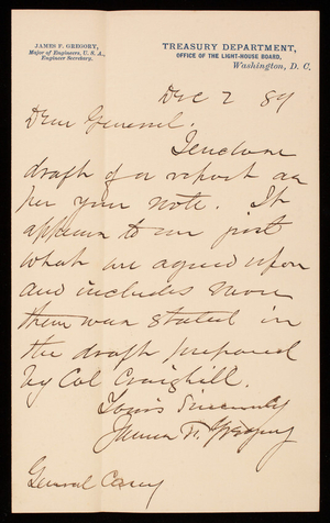 James F. Gregory to Thomas Lincoln Casey, December 2, 1889 (2 ...