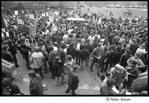 MIT war research demonstration: demonstrators gathering, holding signs ...