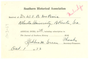Receipt from the Southern Historical Association - Digital Commonwealth