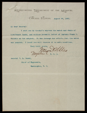Major General Nelson Miles to Thomas Lincoln Casey, Augst 24, 1891 ...