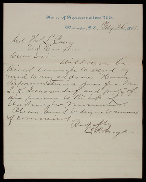 C. Snyder to Thomas Lincoln Casey, February 16, 1885 - Digital Commonwealth