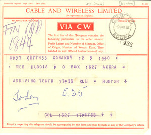 Telegram from W. Alphaeus Hunton to W. E. B. Du Bois - Digital Commonwealth