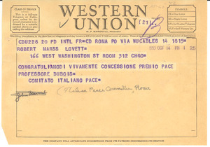 Telegram from Italian Peace Committee to W. E. B. Du Bois - Digital ...