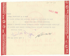 Telegram from Isabelle Blume to National Committee to Defend Dr. W. E ...